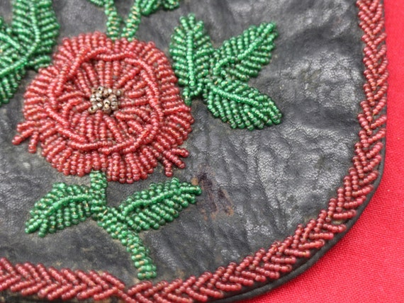 Vintage Edwardian Glass Beaded Leather Drawstring Pou… - Gem