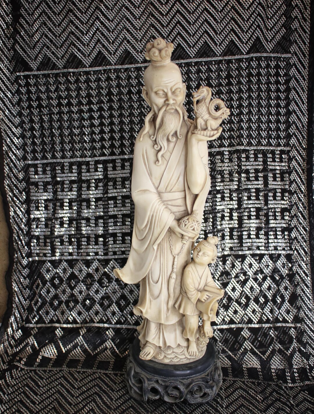 Asian Teacher and Student Statue 17 Figurine Faux Ivory Resin With Aged ...