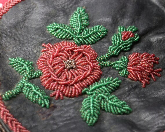 Vintage Edwardian Glass Beaded Leather Drawstring Pou… - Gem