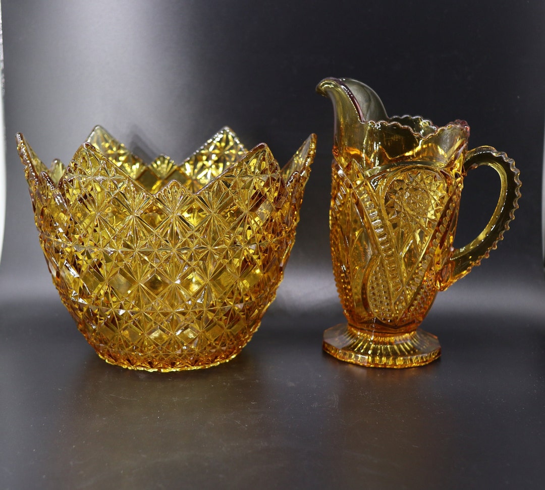 Amber Glass -pitcher, Fruit Bowl and Bud Vase - Cut Glass/pressed Glass ...