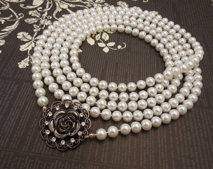 Stylish Extra Long One Strand, 8mm White Glass Pearl Necklace With ...