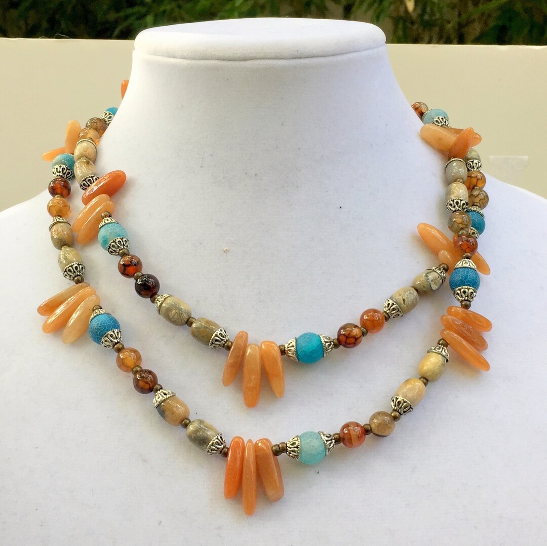 Blue and Tan Multi Gemstone Fringe Necklace 39 Inches Southwestern OOAK ...