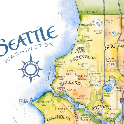 Seattle Map Watercolor Illustration Puget Sound Neighborhood - Etsy