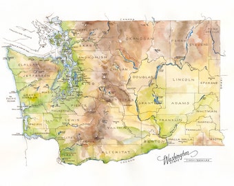 Pacific Northwest Map Watercolor Illustration Washington - Etsy