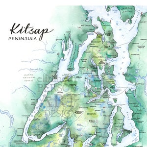 Kitsap Peninsula Map Watercolor Illustration Puget Sound Nautical Map Wall Art Salish Sea Map ...