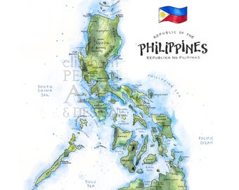 Philippines Map of the Phillippine Islands Map Wall Art Green Blue ...