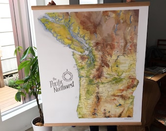 Pacific Northwest Map Watercolor Illustration Washington