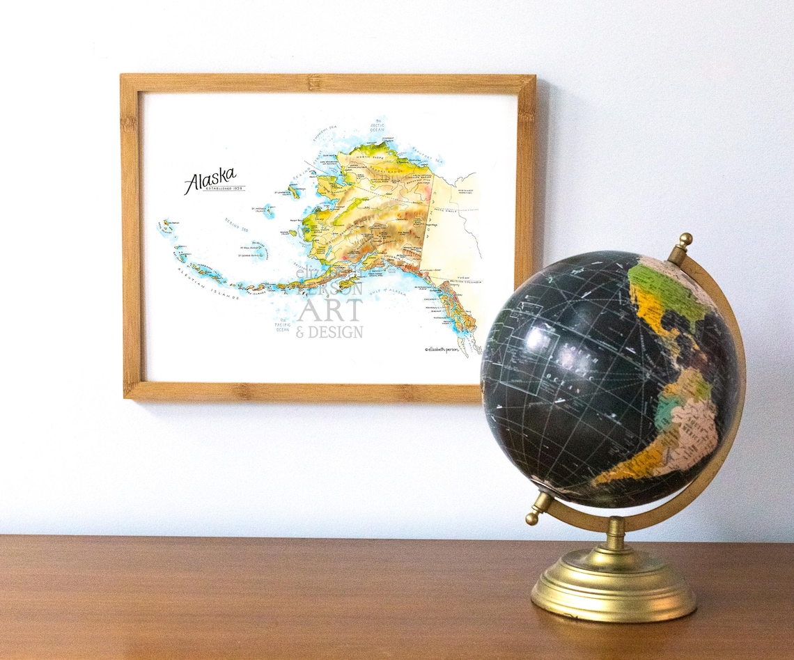 Alaska Map Watercolor Illustration State of Alaska Anchorage Pacific ...