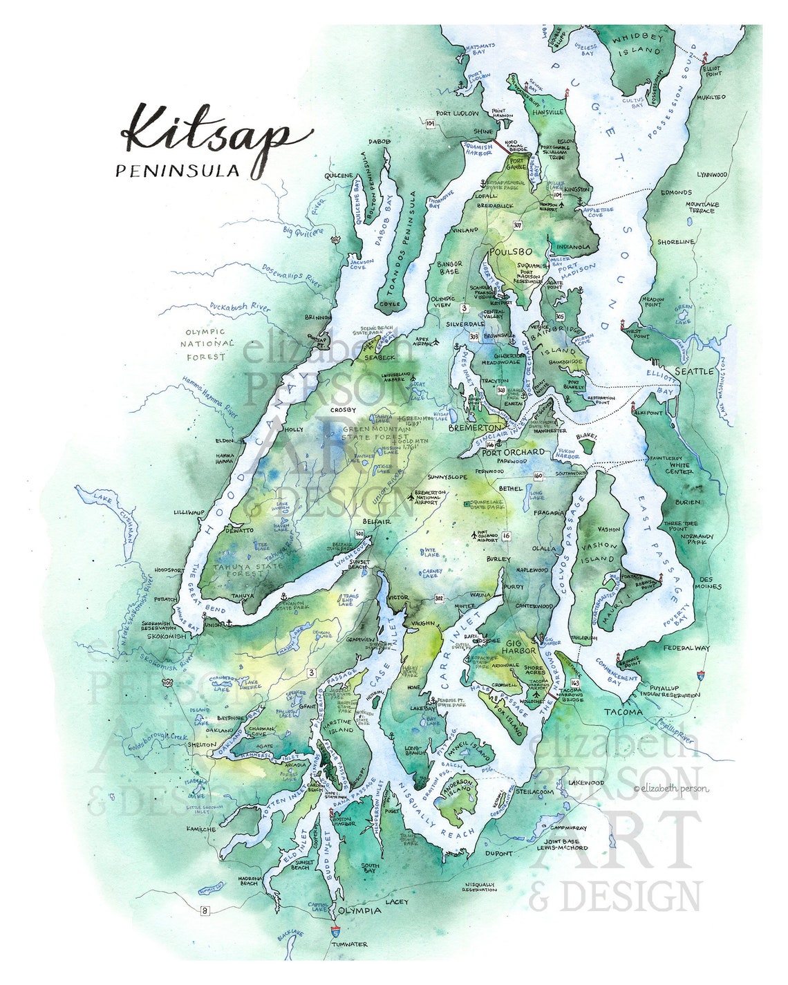Kitsap Peninsula Map Watercolor Illustration Puget Sound - Etsy