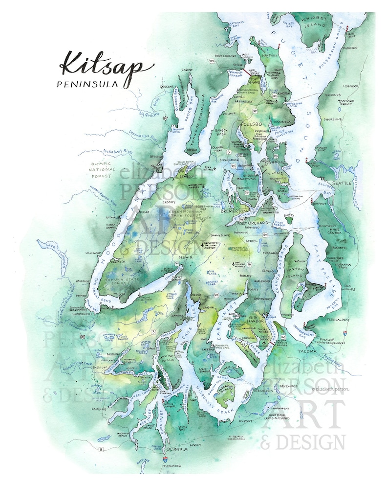 Kitsap Peninsula Map Watercolor Illustration Puget Sound - Etsy