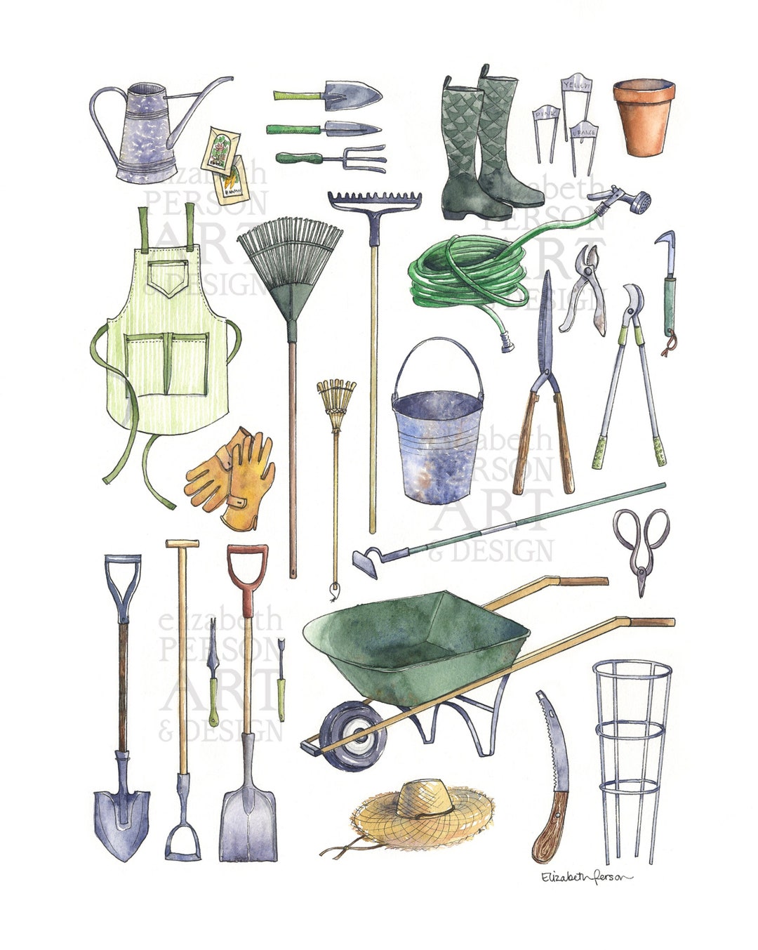 Garden Supplies Watercolor Illustration Art Print Garden Tools Chart ...