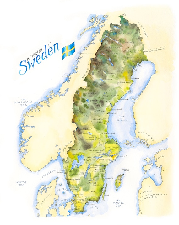 Sweden Map Watercolor Illustration Scandinavian Map Norske - Etsy
