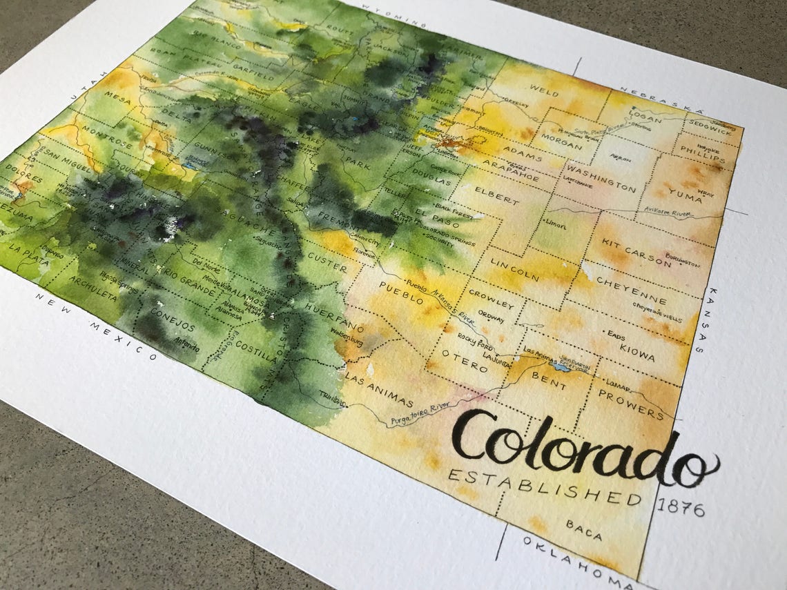 Colorado State Map Watercolor Illustration CO Map County Map | Etsy