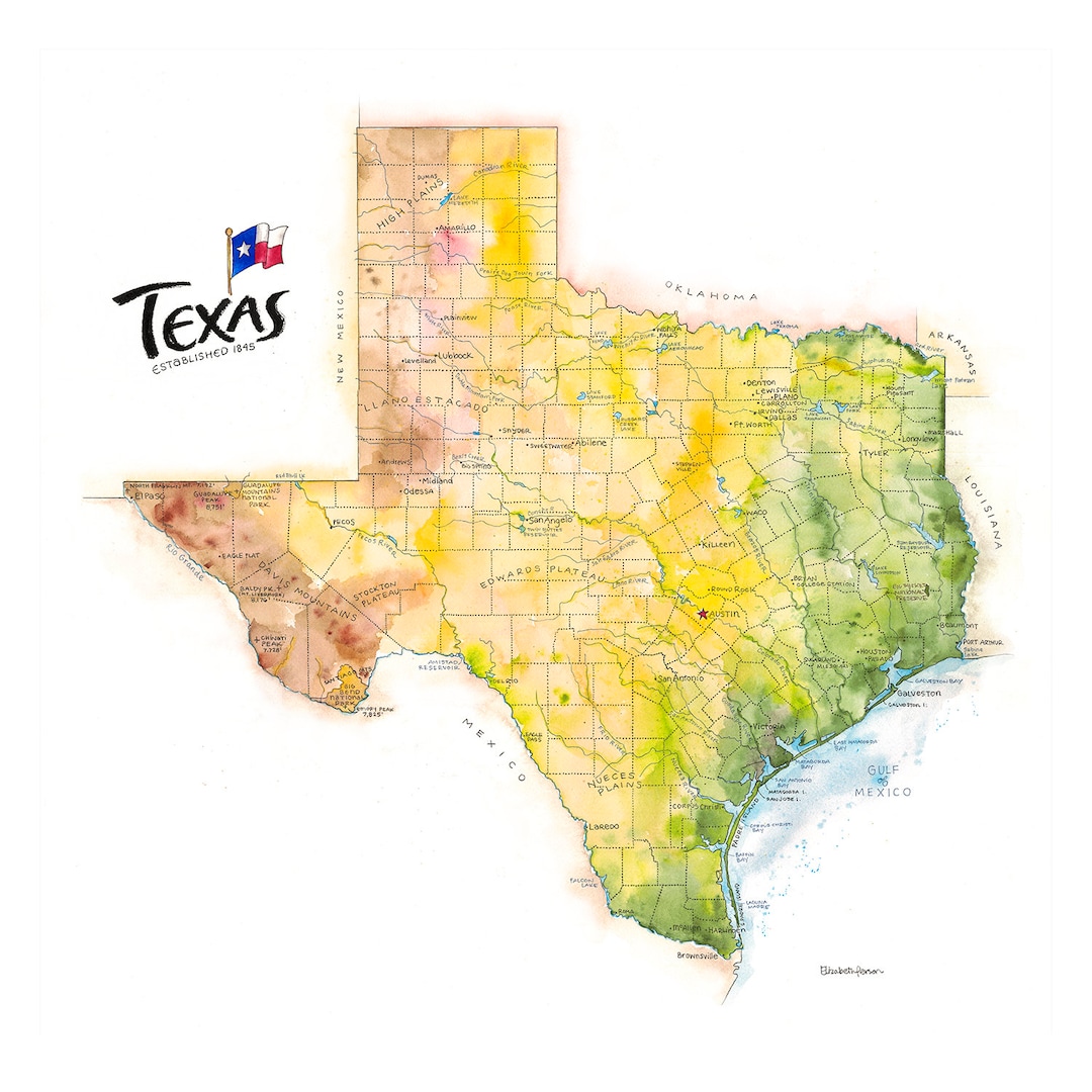 Texas State Map Watercolor Illustration TX Map Art Colorful City Texan ...