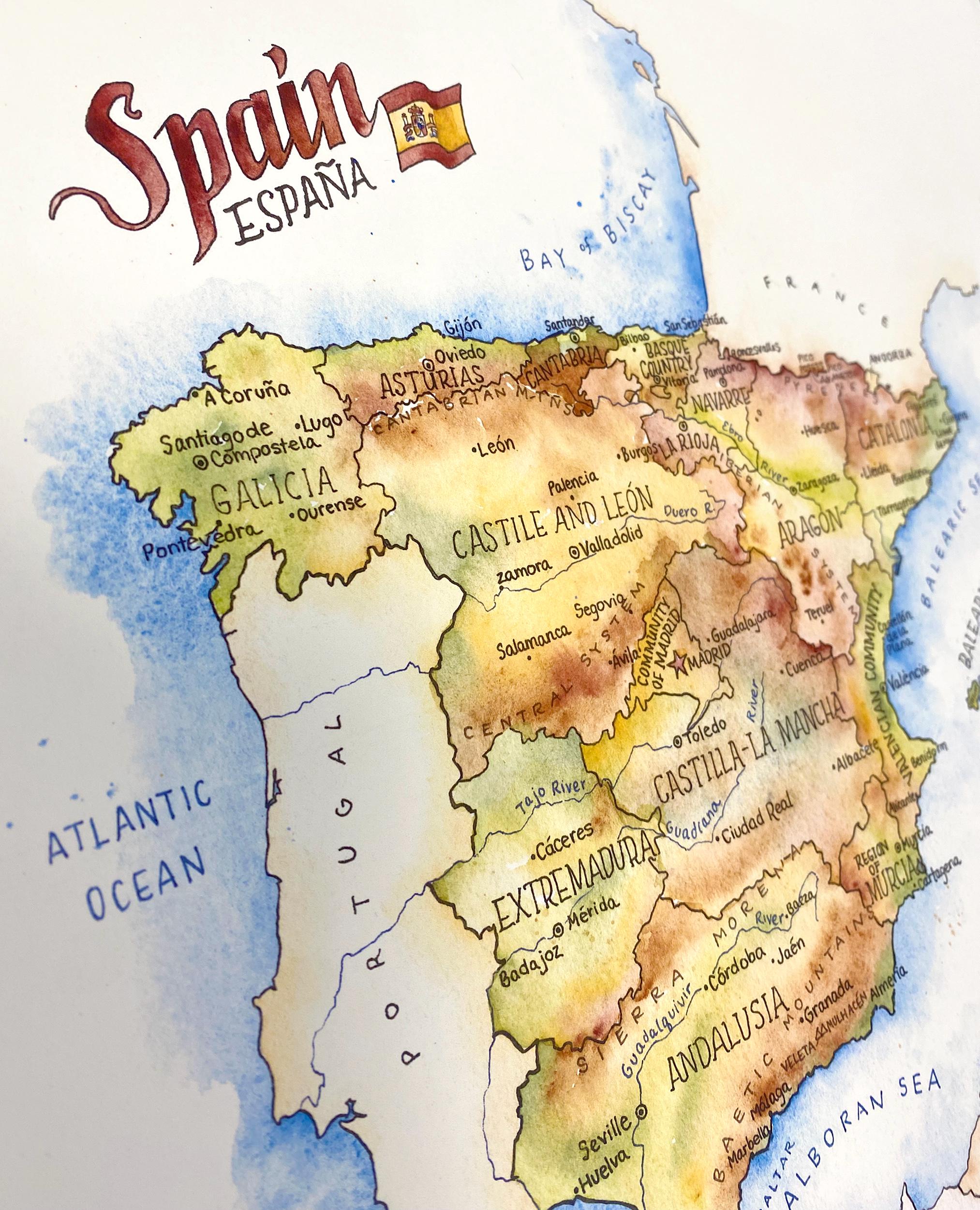 Spain Map Watercolor Illustration Madrid Barcelona Sevilla Valencia ...