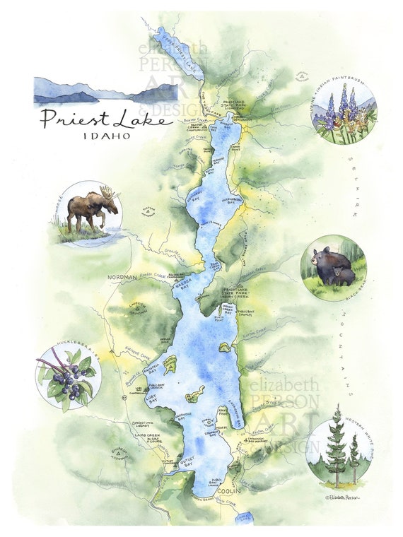 Priest Lake Idaho Map Watercolor Illustration Wall Art Print - Etsy