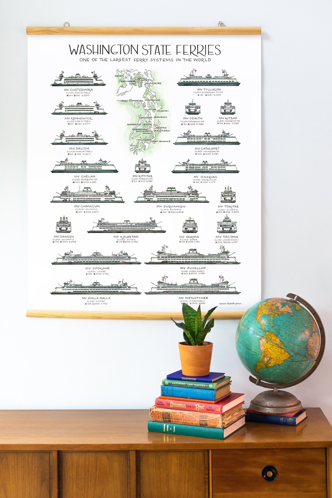 Giant Washington State Ferries Chart Old School Large Nautical Pull ...