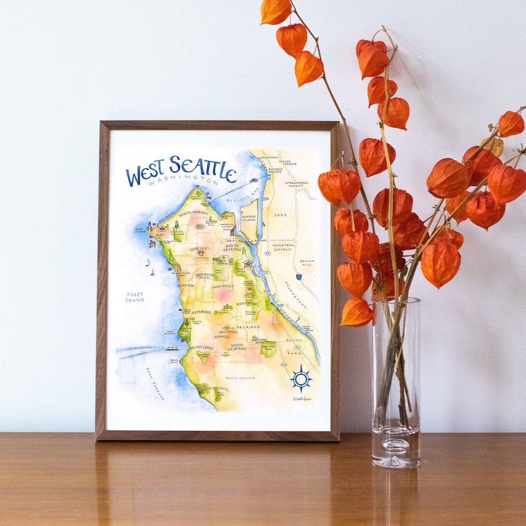West Seattle Map Watercolor Illustration Puget Sound Seattle ...