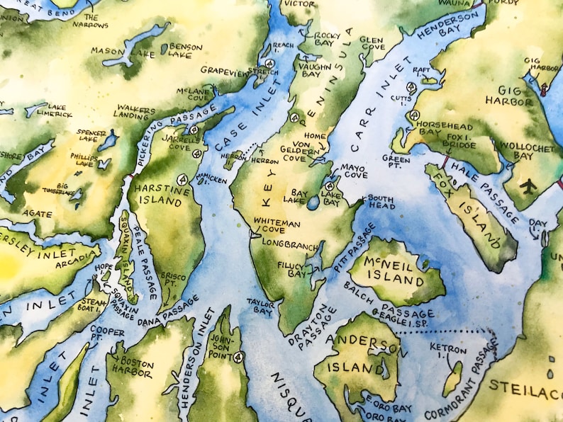 South Puget Sound Watercolor Map Kitsap Peninsula Map Tacoma Gig Harbor ...