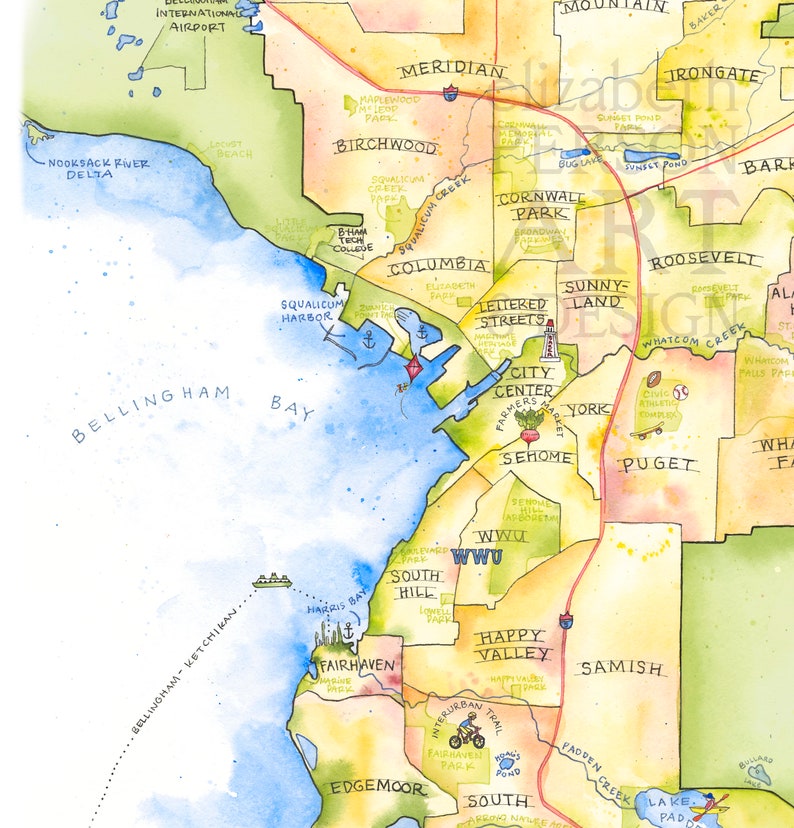 Bellingham Map Watercolor Illustration Puget Sound - Etsy