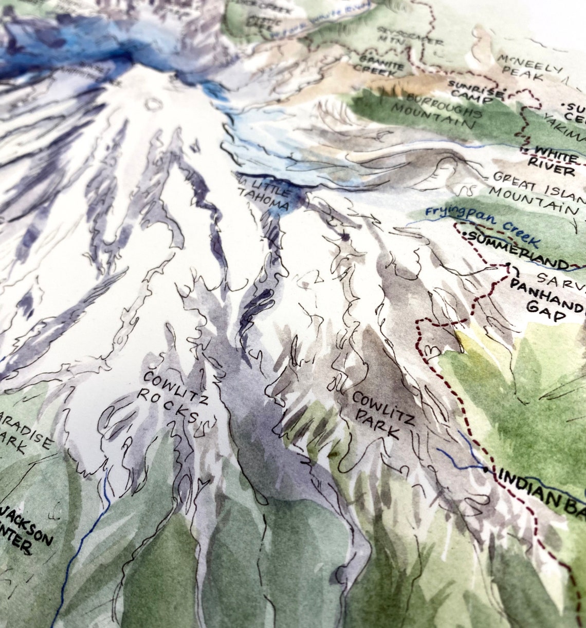 Wonderland Trail Map Detailed Watercolor Mount Rainier Tahoma Hiker ...