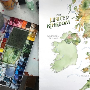 United Kingdom Watercolor Map Art Print Including Scotland Wales ...