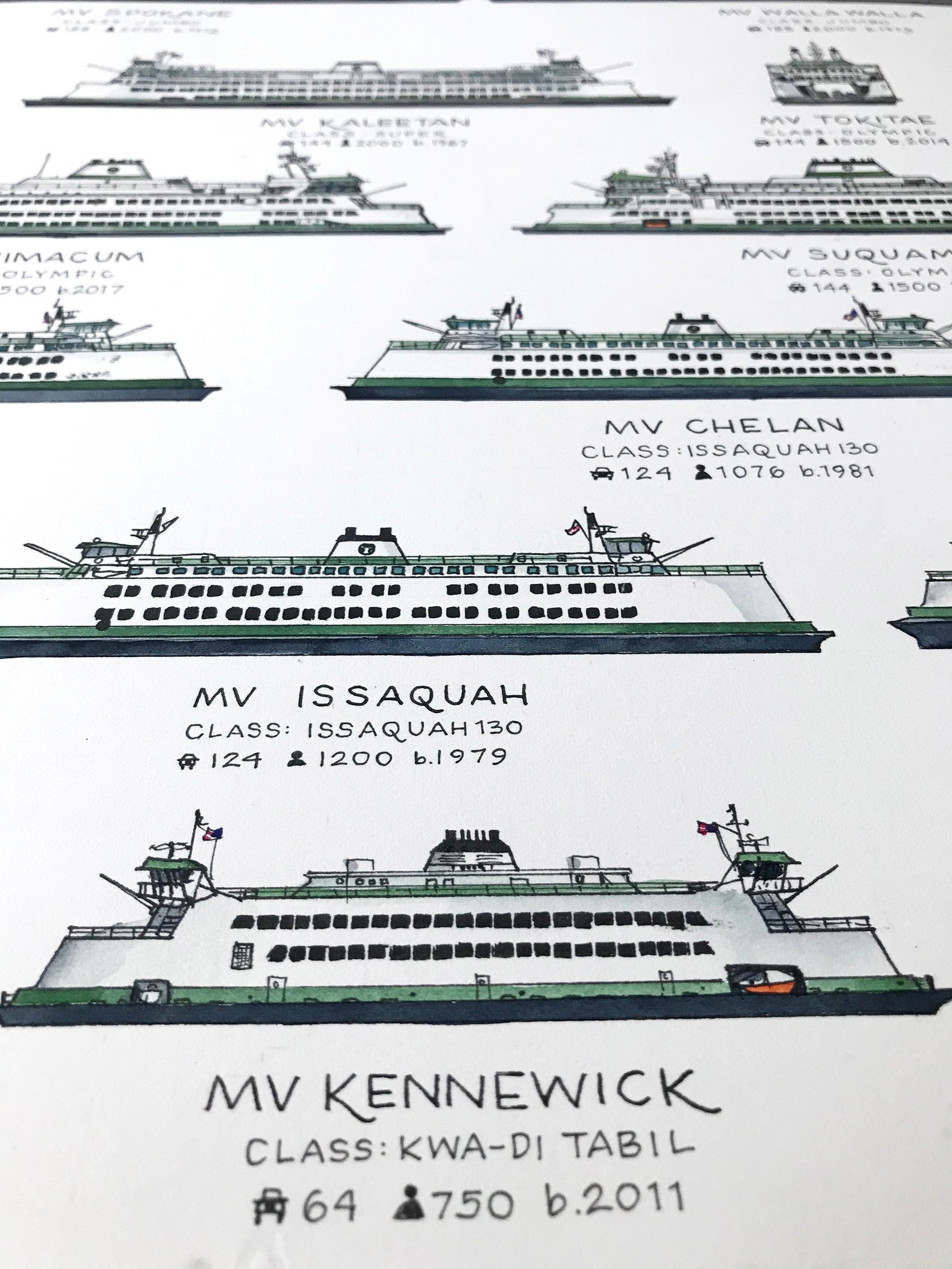 Ferries of Washington State Ferry Chart Puget Sound Watercolor Art ...