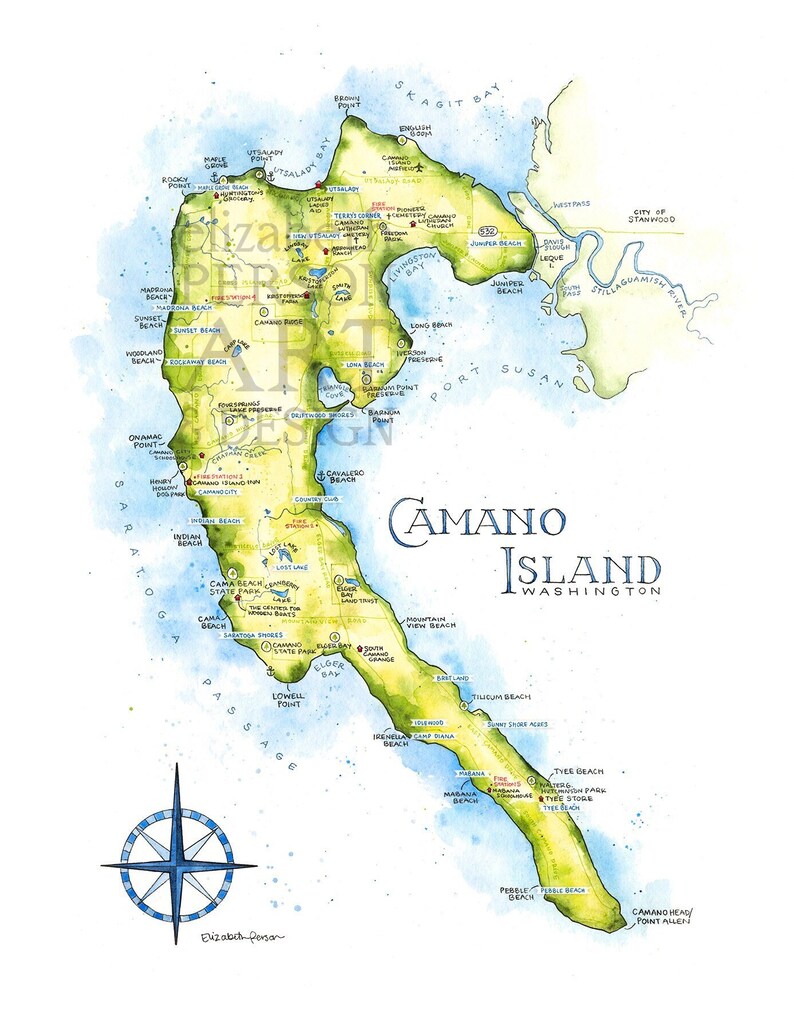 Camano Island Map Watercolor Illustration Island Stanwood Cama - Etsy