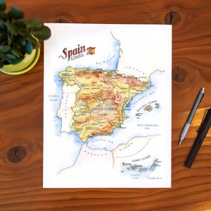 Spain Map Watercolor Illustration Madrid Barcelona Sevilla Valencia ...