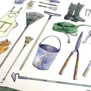 Garden Supplies Watercolor Illustration Art Print Garden Tools Chart ...