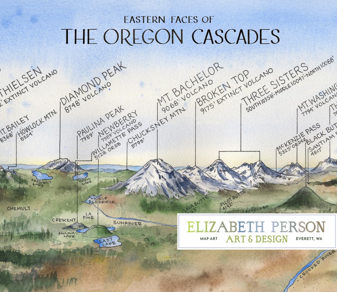 Eastern Faces of the Oregon Cascades Watercolor Illustration Peaks Crater Lake Bachelor Three ...