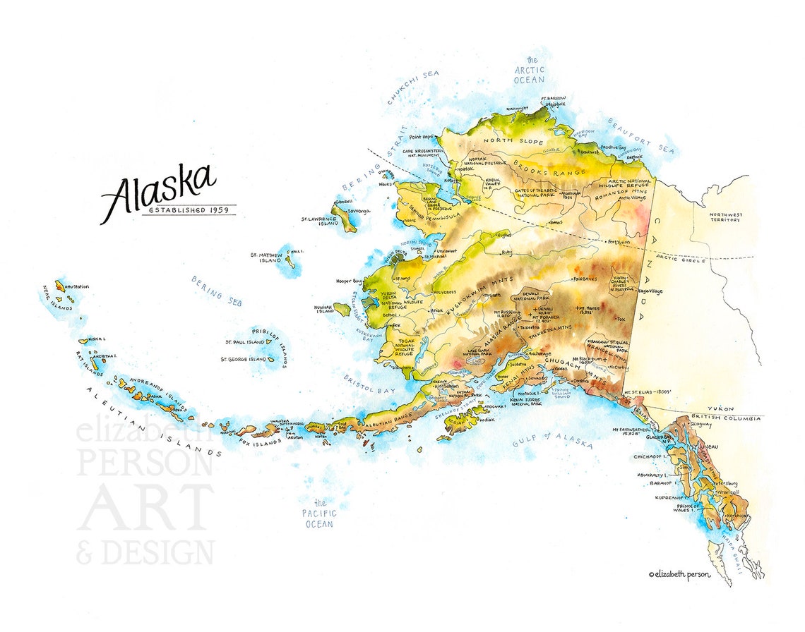 Alaska Map Watercolor Illustration State of Alaska Anchorage | Etsy