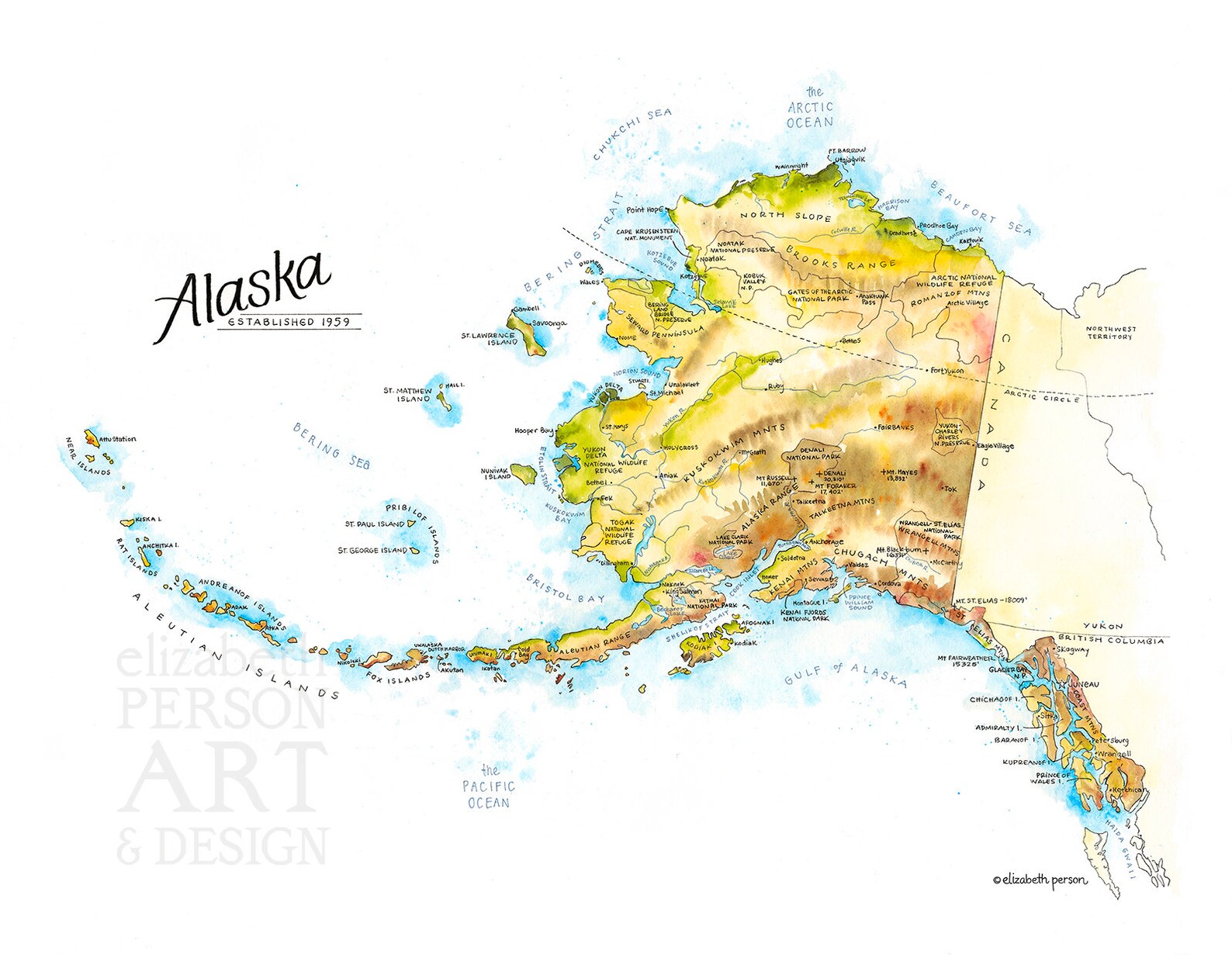 Alaska Map Watercolor Illustration State of Alaska Anchorage | Etsy