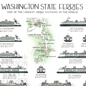Ferries of Washington State Ferry Chart Puget Sound Watercolor Art ...