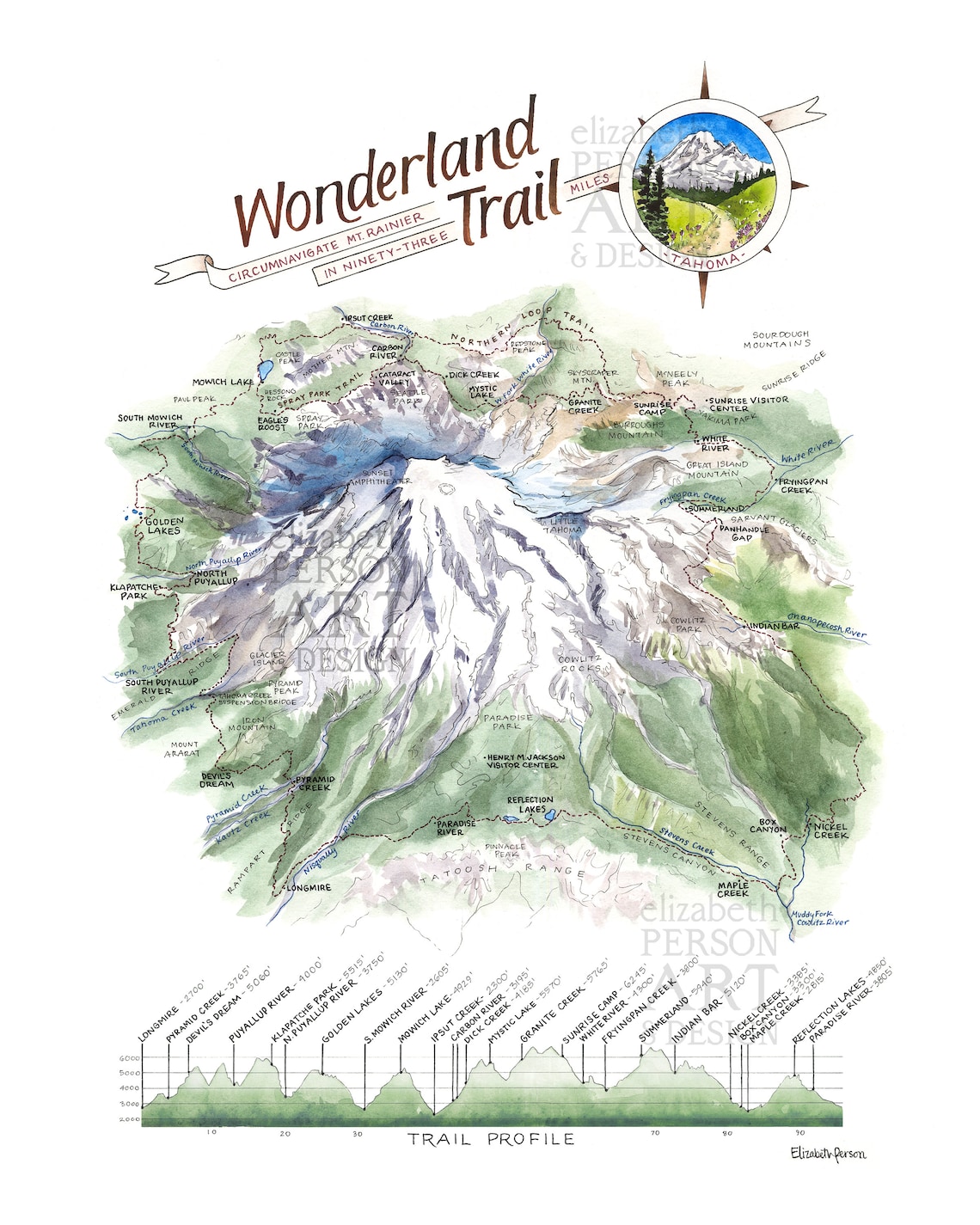 Wonderland Trail Map Detailed Watercolor Mount Rainier Tahoma Hiker ...