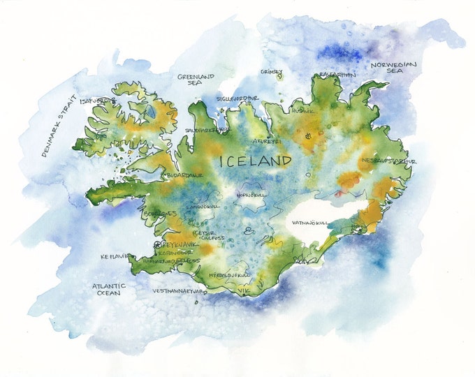 Iceland Map Watercolor Illustration Reykjavik Icelandic Map ...