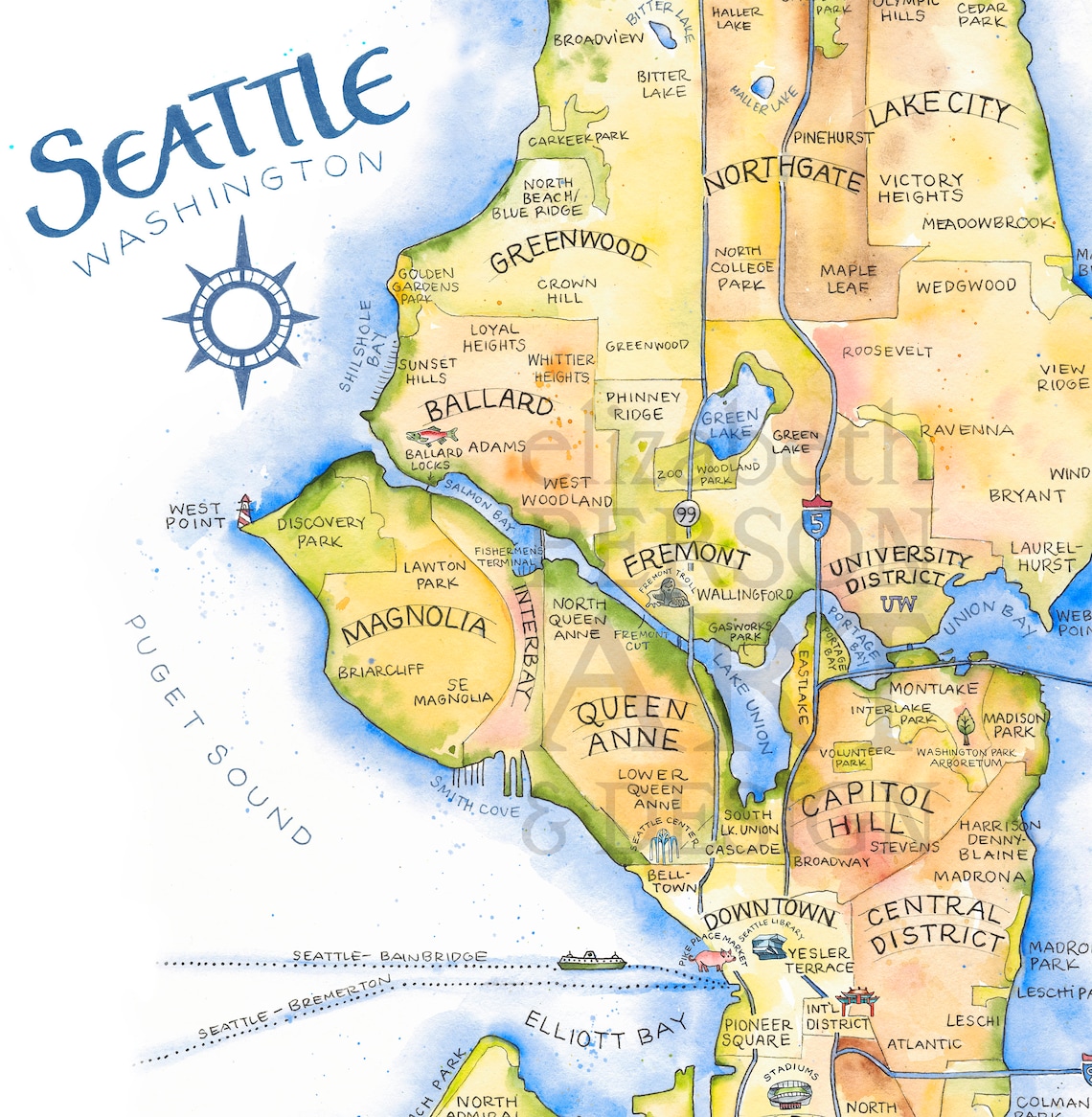 Seattle Map Watercolor Illustration Puget Sound Neighborhood - Etsy