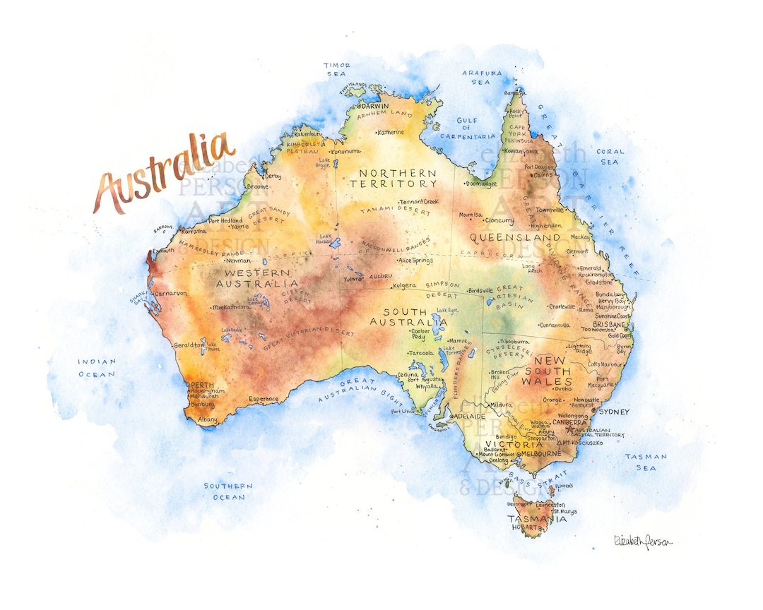 Australia Watercolor Map Wall Sydney Art Country Gift Travel Print - Etsy
