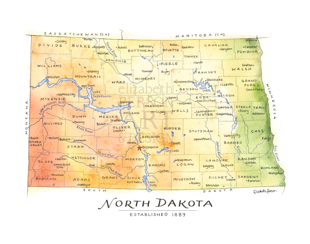North Dakota State Map Watercolor Illustration ND Map Wall Art Print ...
