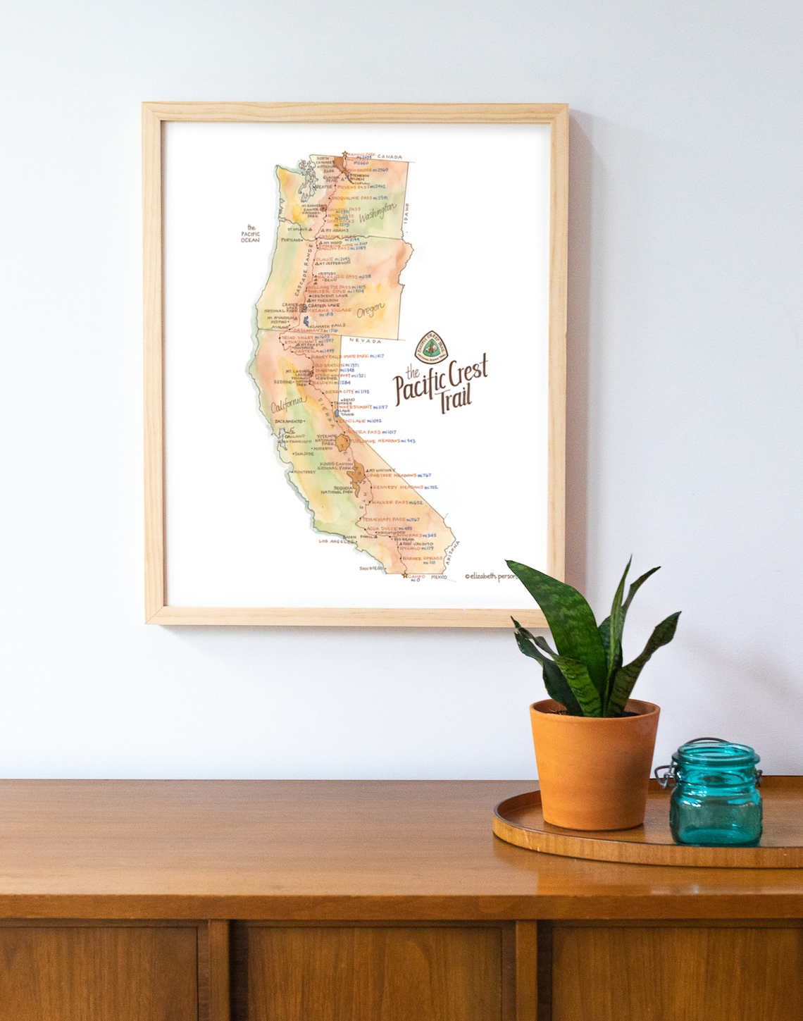 Pacific Crest Trail Map Detailed Watercolor PCT Thru-hiker Gift Western ...