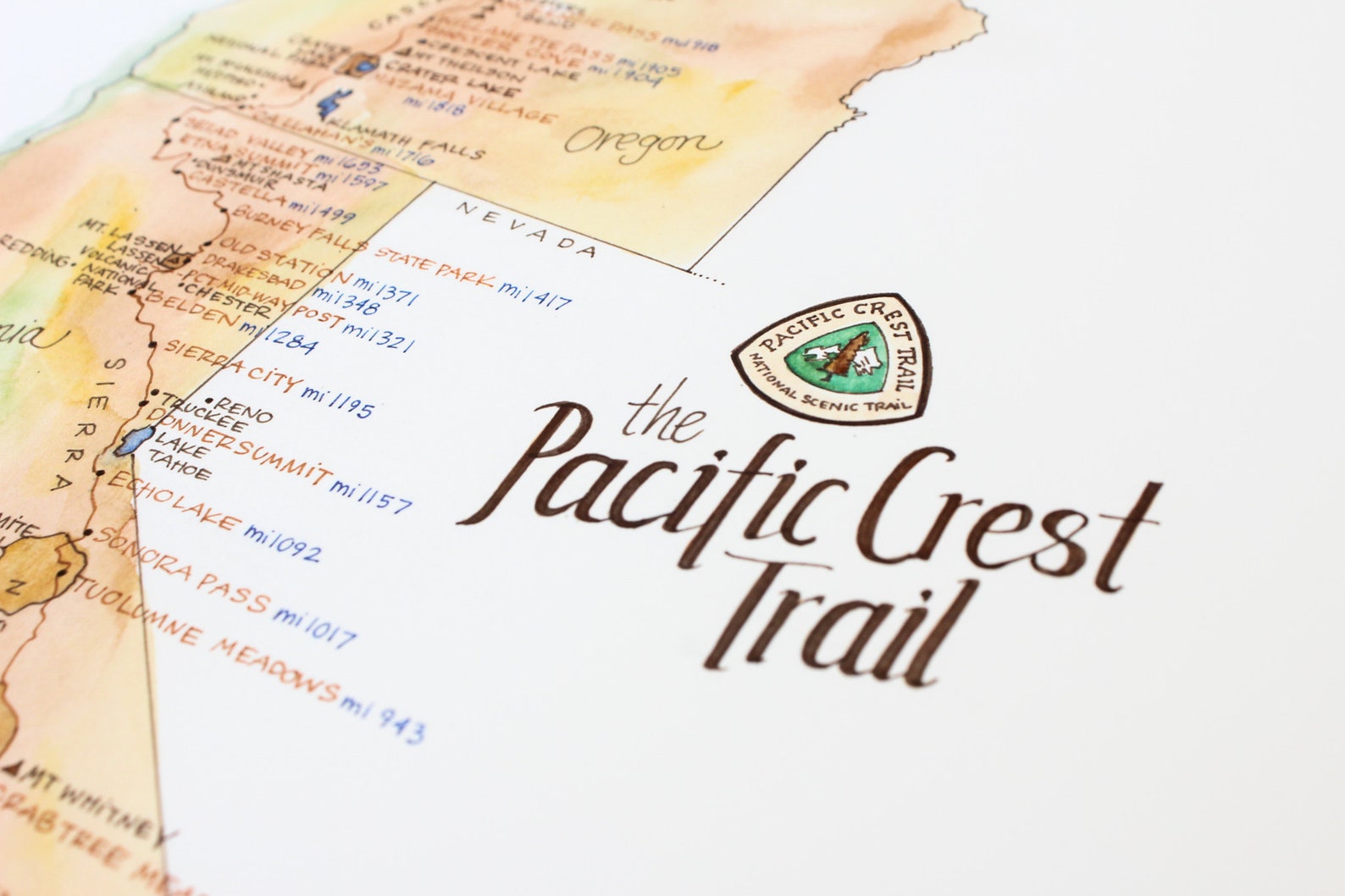 Pacific Crest Trail Map Detailed Watercolor PCT Thru-hiker Gift Western ...