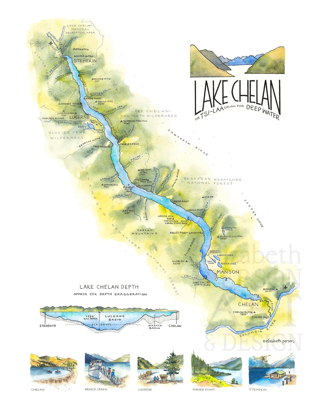 Lake Chelan Watercolor Map Art Print North Cascades Washington - Etsy ...