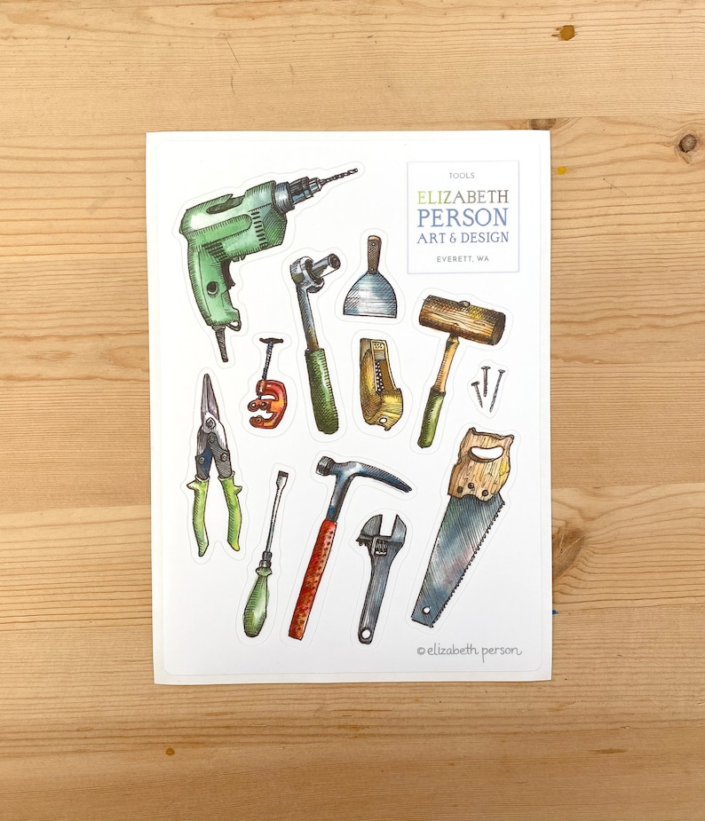 Tools Watercolor Sticker Sheet for Tool Box Lunchbox Garage Project ...
