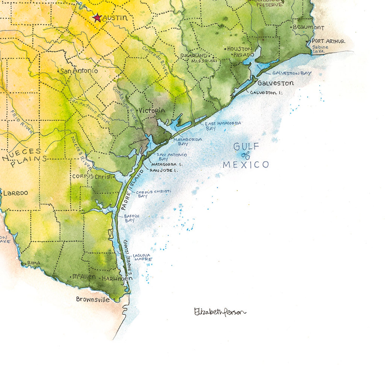 Texas State Map Watercolor Illustration TX Map Art Colorful City Texan ...