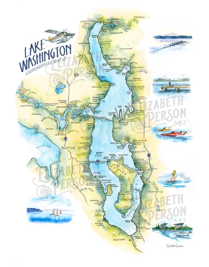Lake Washington Map Watercolor Illustration Wall Art Print Painting - Etsy