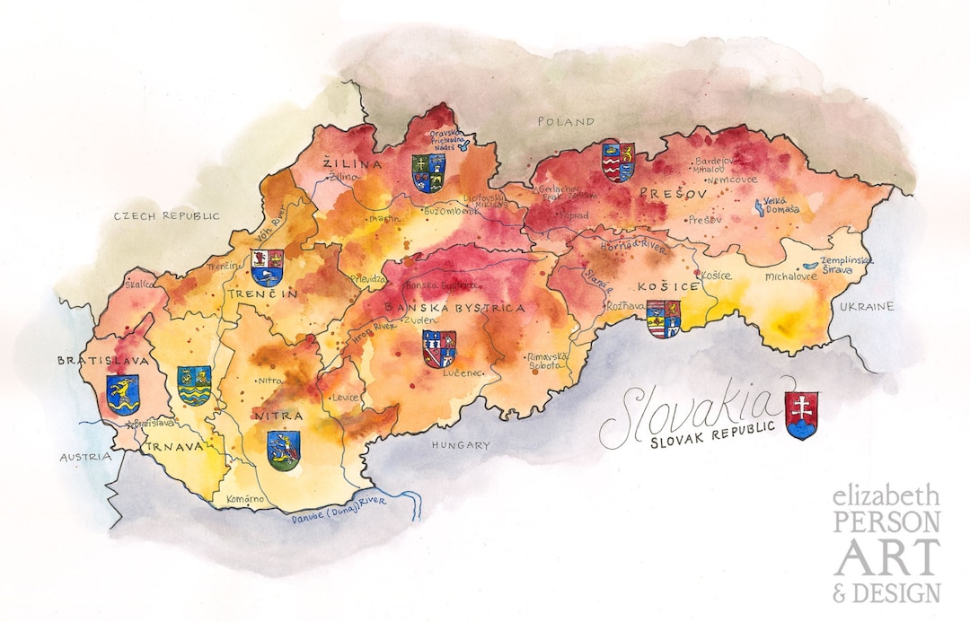 Slovakia Map Illustration Slovakian Watercolor Bratislava Map Wall Art ...