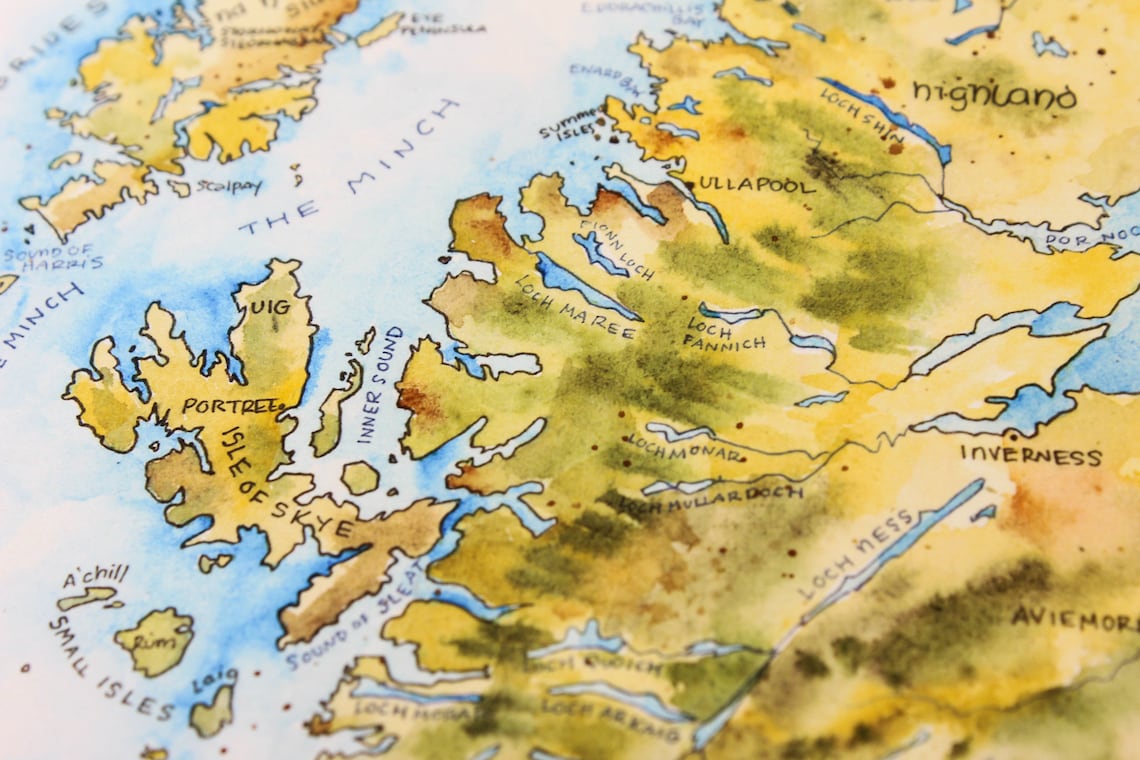 Scotland Map Watercolor Illustration Alba Scottish Highlands - Etsy Israel