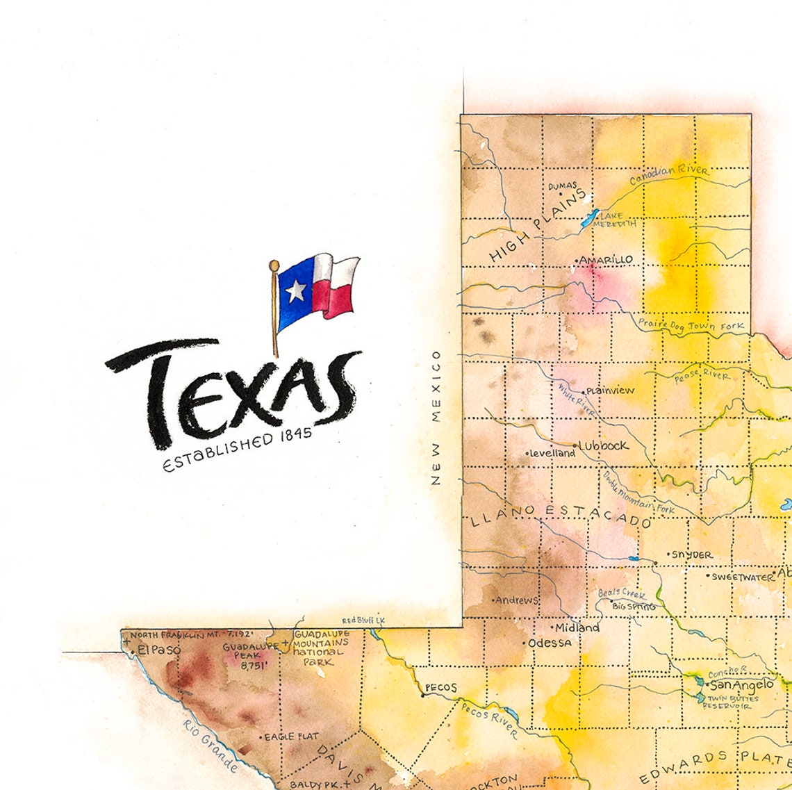 Texas State Map Watercolor Illustration TX Map Art Colorful City Texan ...