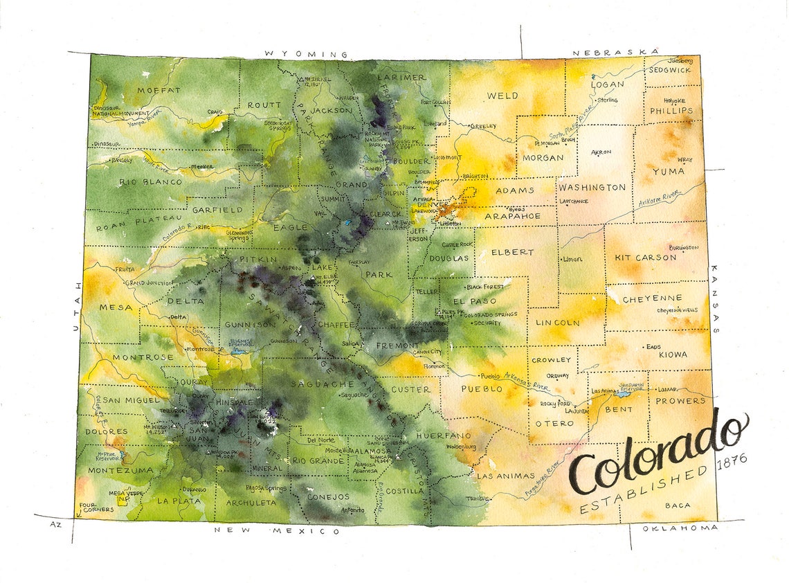 Colorado State Map Watercolor Illustration CO Map County Map | Etsy