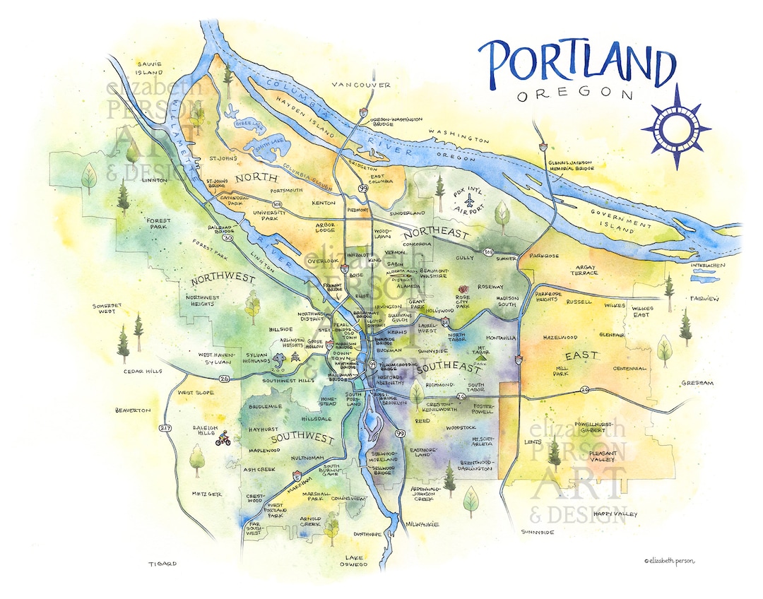 Portland Map Watercolor Illustration Portland Oregon Neighborhood Map ...